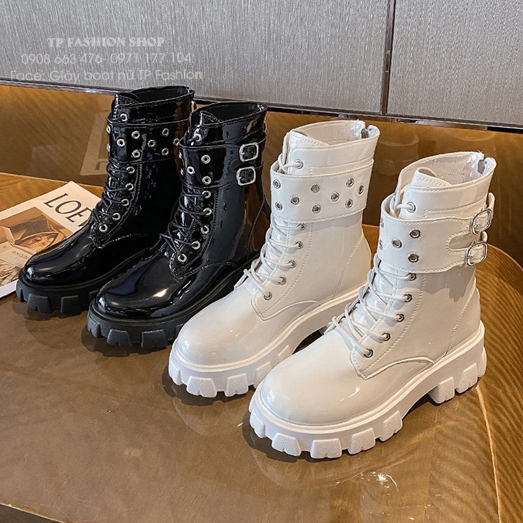 Giày boot nữ buộc dây DA BÓNG đế thấp 3cm màu đen cổ lửng 17cm chuẩn ...