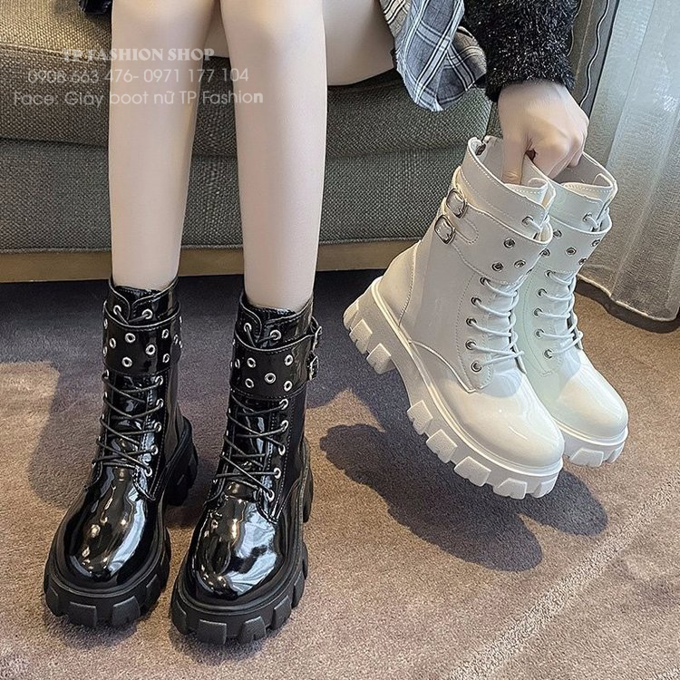 Giày boot nữ buộc dây DA BÓNG đế thấp 3cm màu đen cổ lửng 17cm chuẩn ...
