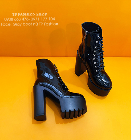 Giày boot cổ cao ngang bắp chân CỘT DÂY da bóng GÓT VUÔNG 14cm CHẮC ...