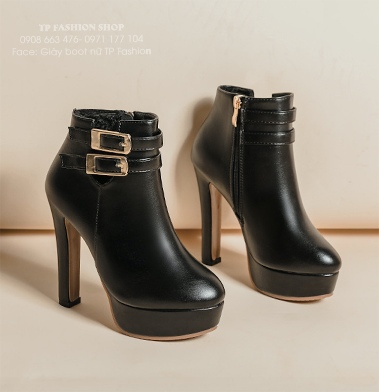 Giày boot nữ cổ ngắn cao gót 12cm da PU lì ÔM CHÂN TÔN DÁNG GBN56A