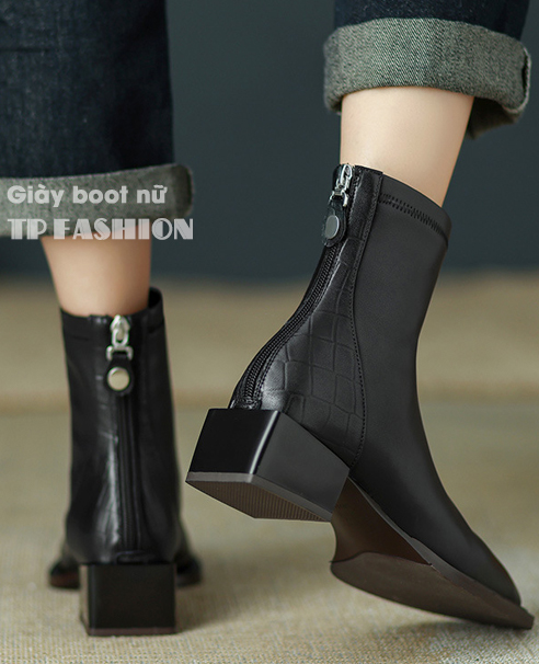 Giày boot nữ cổ ngắn, đế hình vuông thấp, GÓT GIÀY CÓ ĐƯỜNG GÂN cho ...